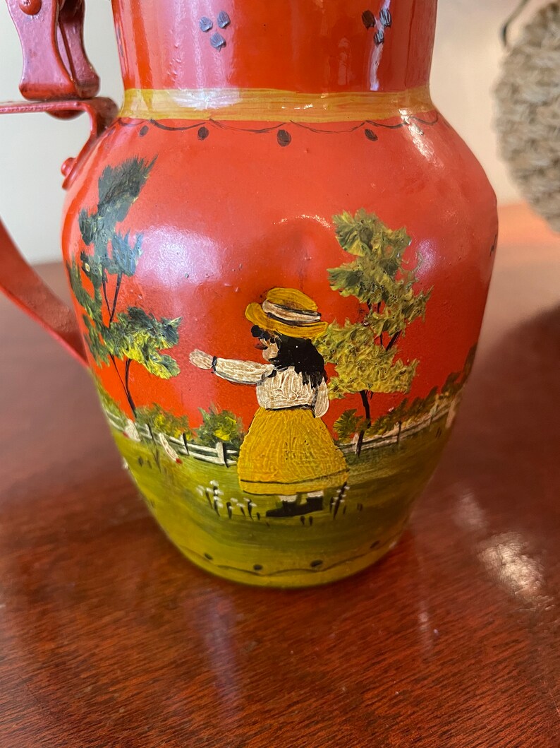 Vintage VIKO Aluminum Syrup Pitcher: Hand-painted Folk Art Farm Scene ...