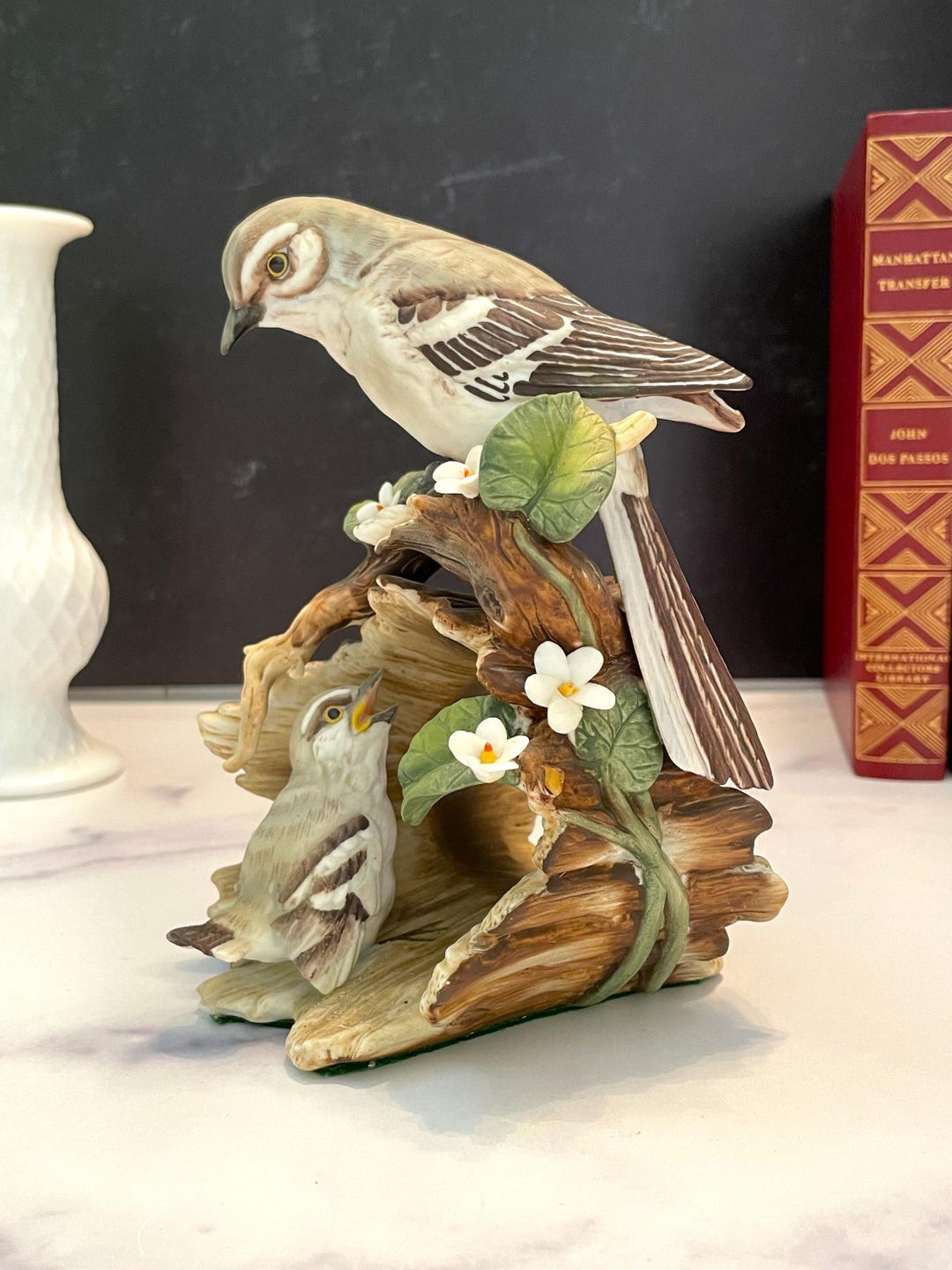 Vintage Homco Porcelain Mockingbird Statue Bisque Mother and Baby Bird ...