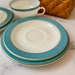 Vintage White and Turquoise Pyrex Teacup and Saucer and Dessert Plate ...