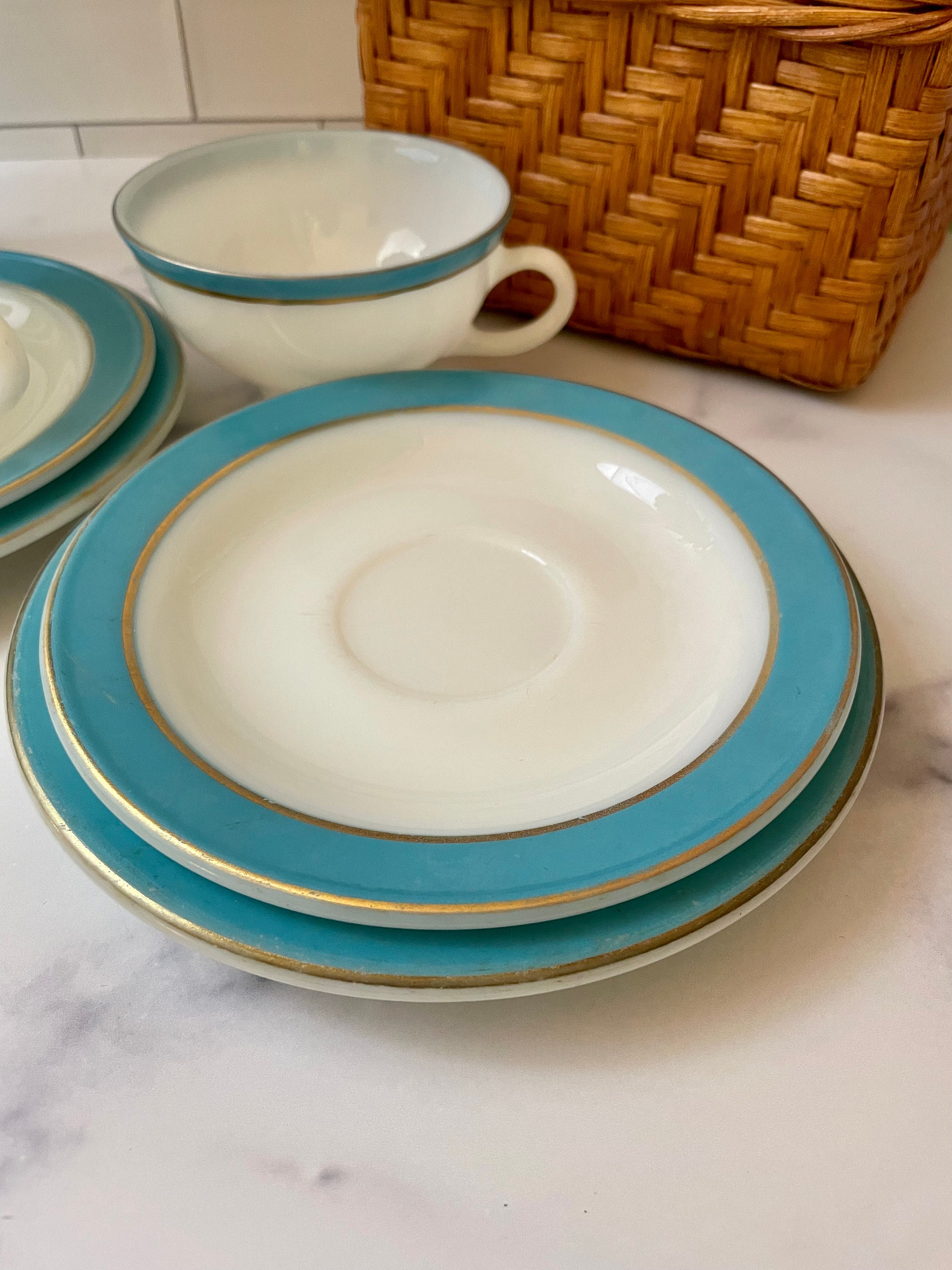 Vintage White and Turquoise Pyrex Teacup and Saucer and Dessert Plate ...