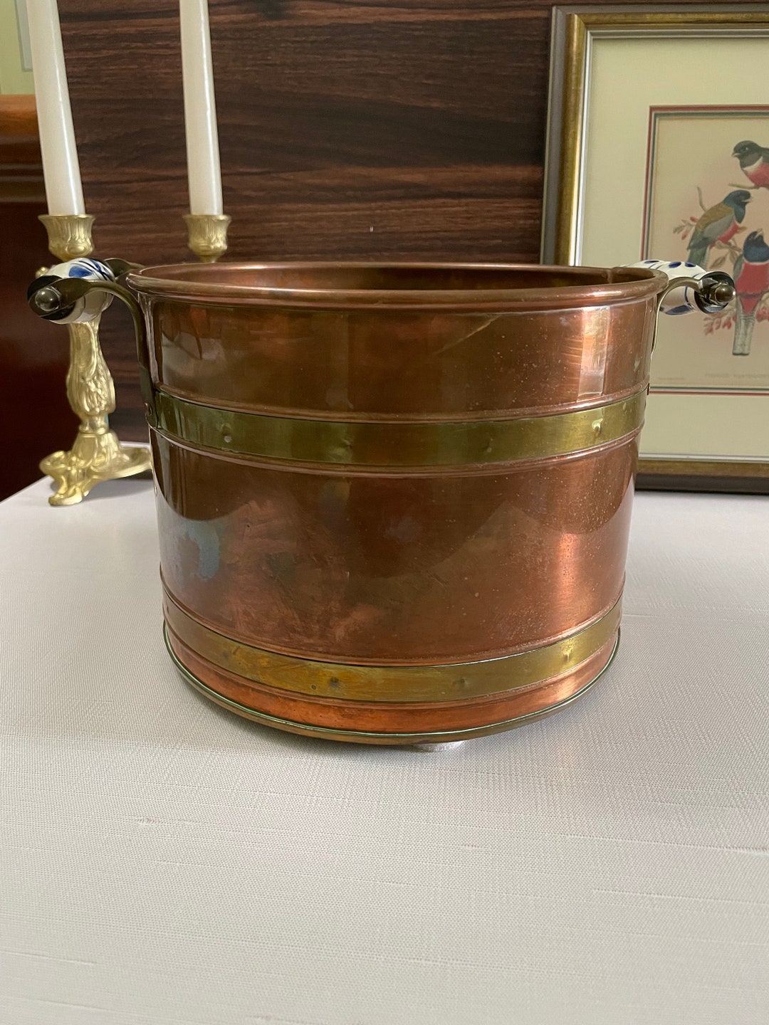 Copper and Brass Planter Large Cachepot With Delft Handles Vintage ...