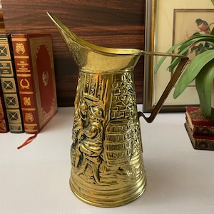 Vintage English Repoussage Brass Pitcher Relief Pitcher With Medieval ...