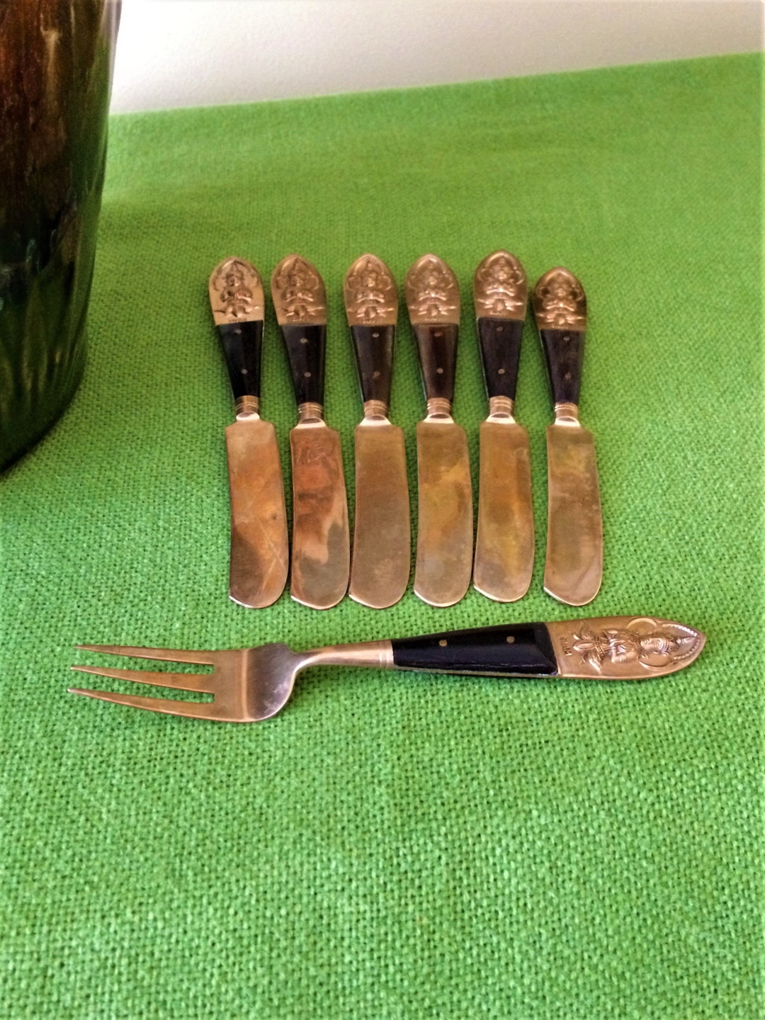 Brass and Wood Appetizer Knives Set of Siam Pate Knives Three Tine ...