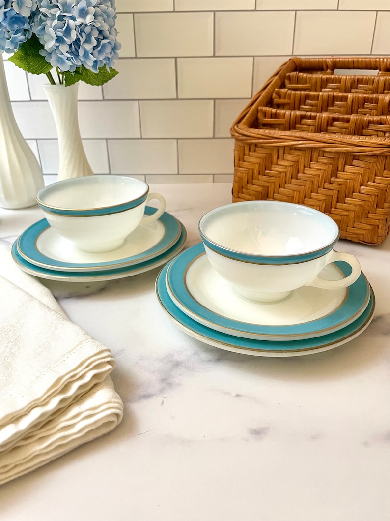 Vintage White and Turquoise Pyrex Teacup and Saucer and Dessert Plate ...