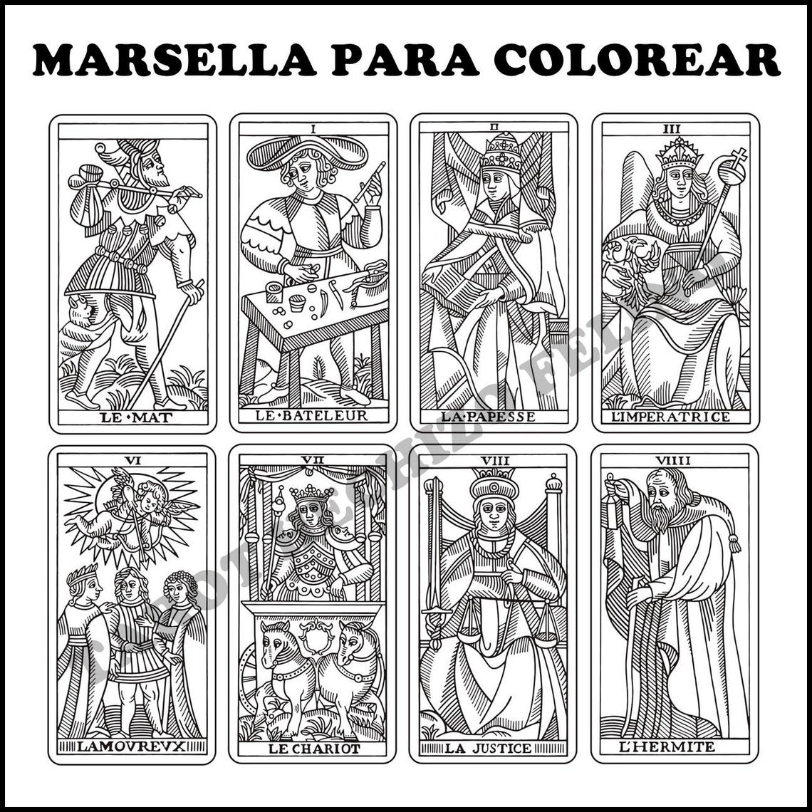 Tarot De Marsella Para Colorear (22 Arcanos Mayores) Tarot Hechizo ...