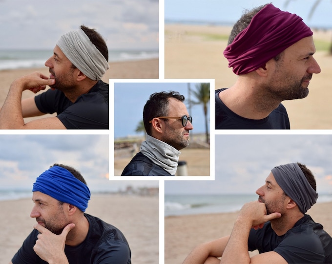 Headbands Tube Scarf for Men in Solid Colors: Blue Black Gray Yoga Wide ...