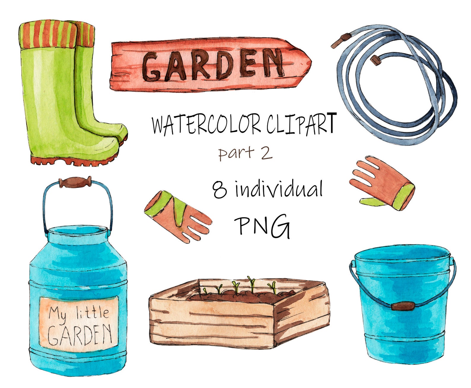 Watercolor garden clipart individual png vintage farmhouse | Etsy