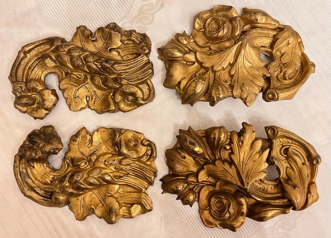 Two Pairs of Antique French Embossed Metal Decorative Ornaments From A ...