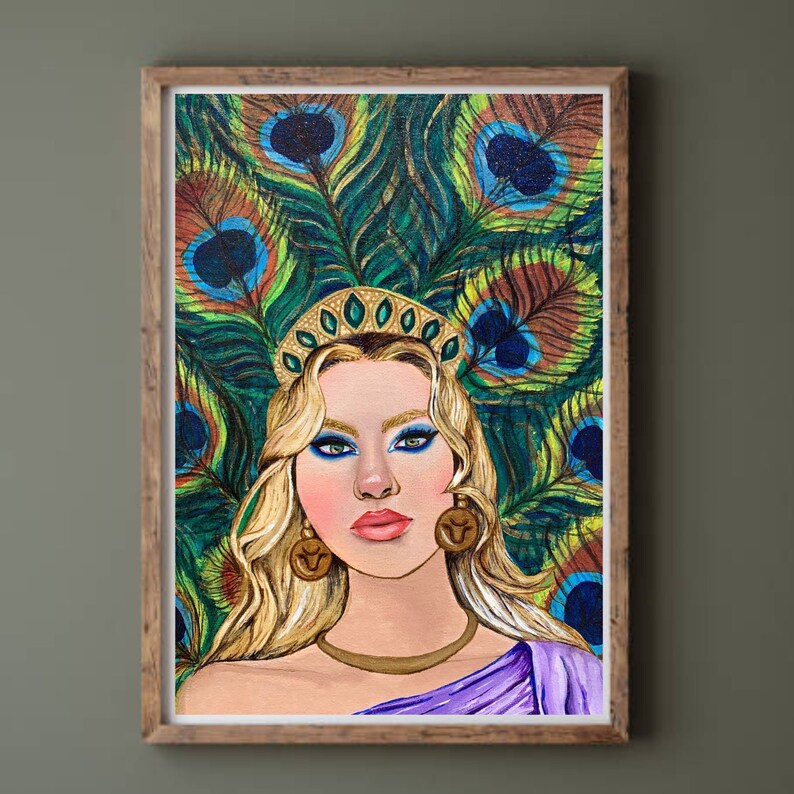 Hera Painting: Greek Goddess Art, Peacock Feathers, 11x14 Canvas - Etsy