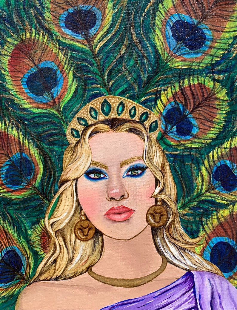 Hera Painting: Greek Goddess Art, Peacock Feathers, 11x14 Canvas - Etsy