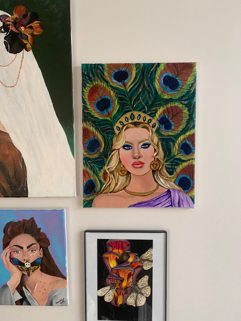 Hera Painting: Greek Goddess Art, Peacock Feathers, 11x14 Canvas - Etsy