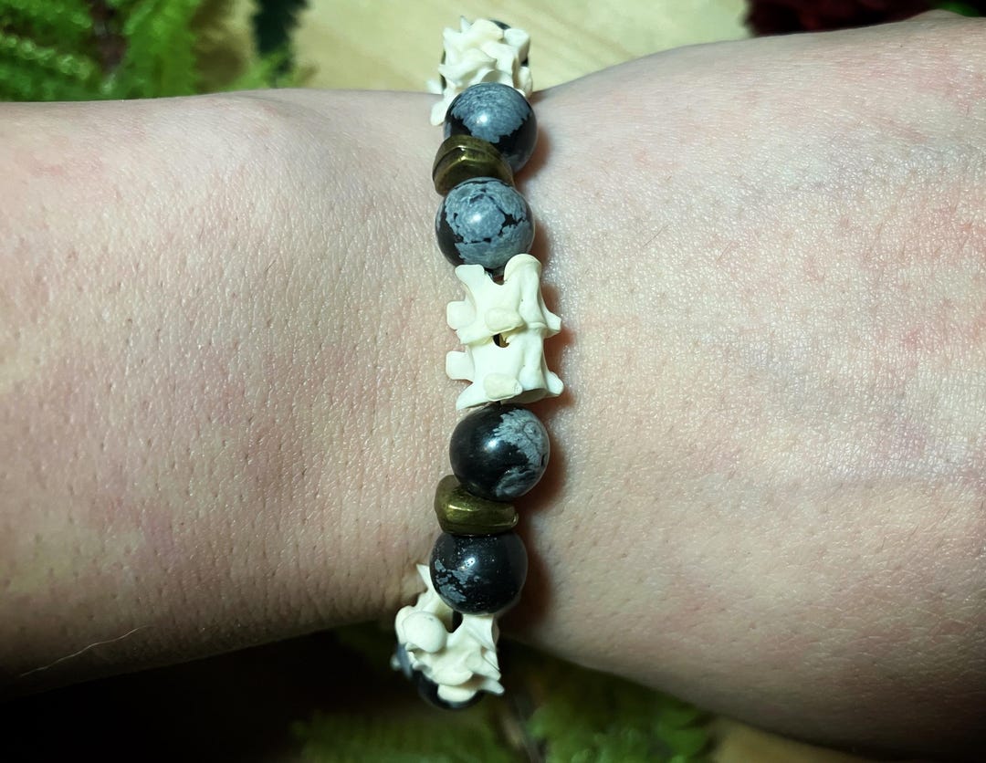 Bone Bracelet | Snake Vertebrae and Snowflake Obsidian Beaded Bracelet ...