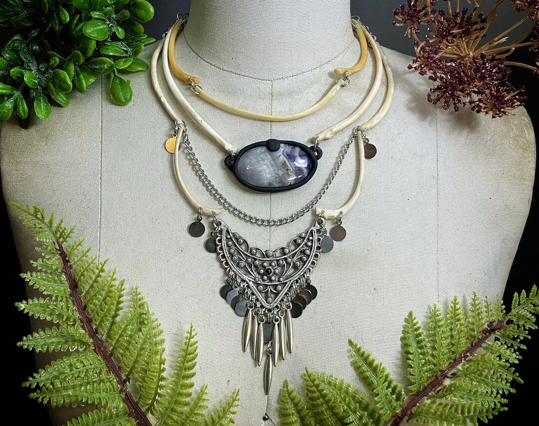 Bone Necklace Groundhog/coyote/raccoon Rib Bone and Amethyst Multi ...