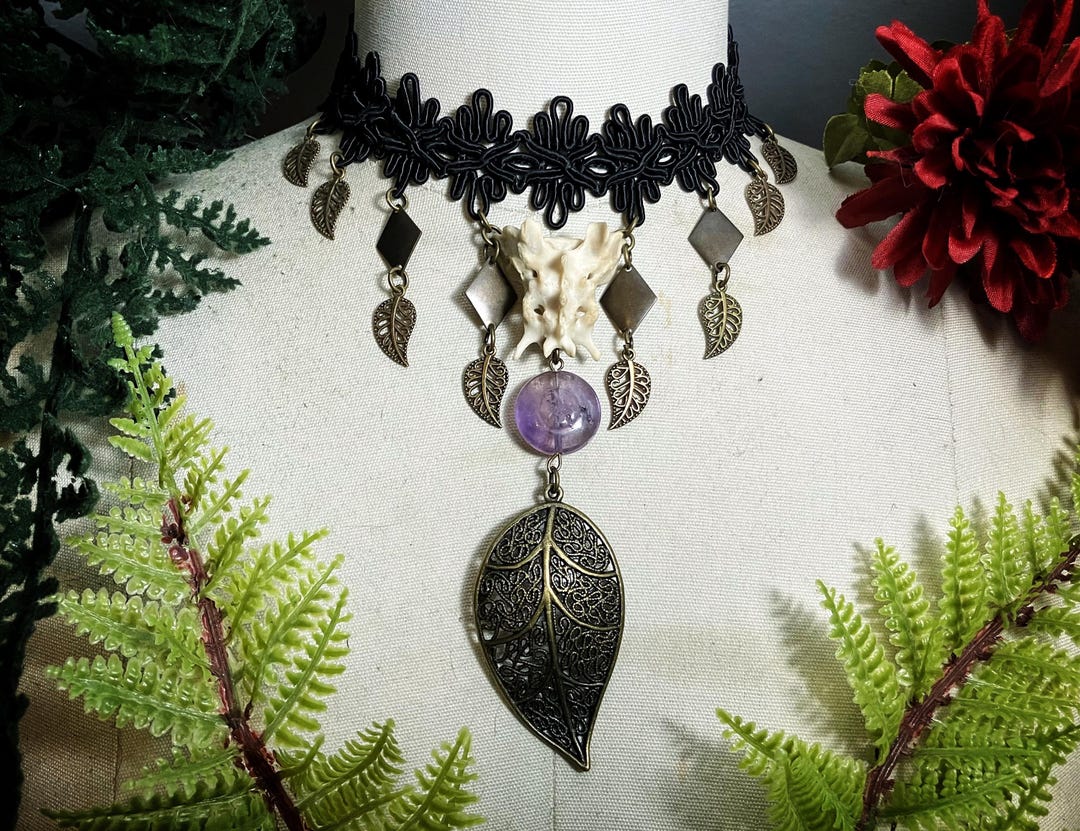 Gothic Choker | Fox Sacrum Bone and Amethyst Choker Necklace | Witchy ...