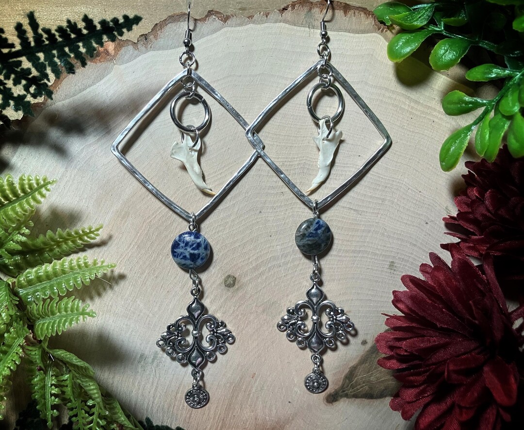 Bone Earrings | Chipmunk Jaw Bone and Sodalite Dangle Earrings | Witchy Earrings | Jaw Bone ...