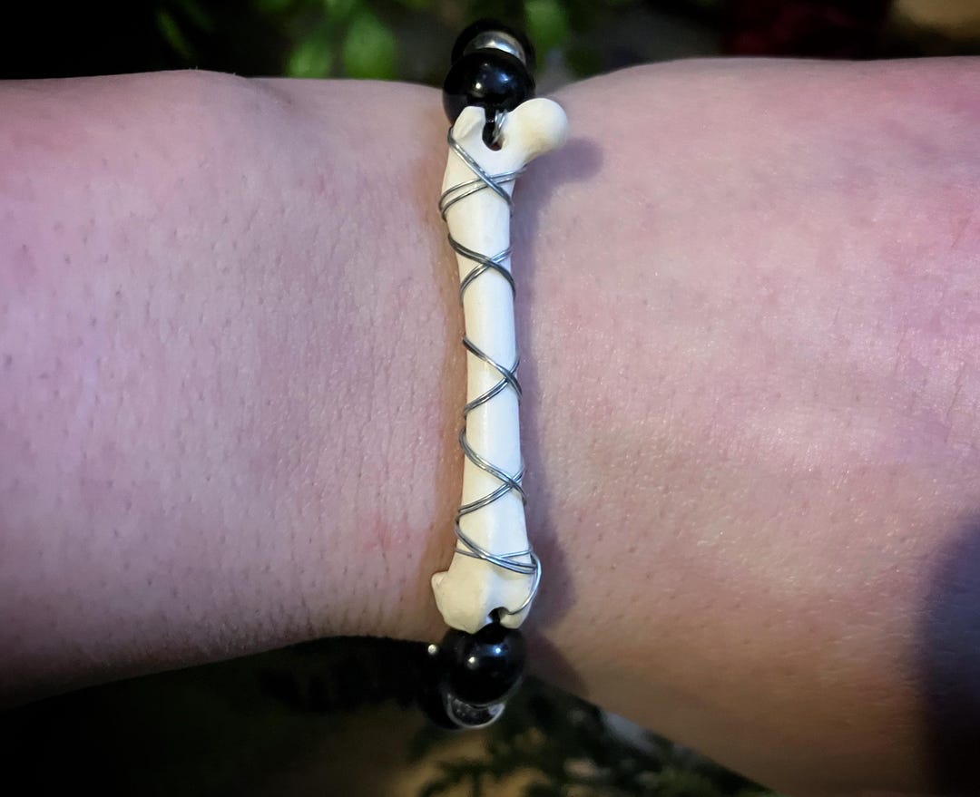 Bone Bracelet | Mink Femur Bone and Black Agate Beaded Bracelet ...