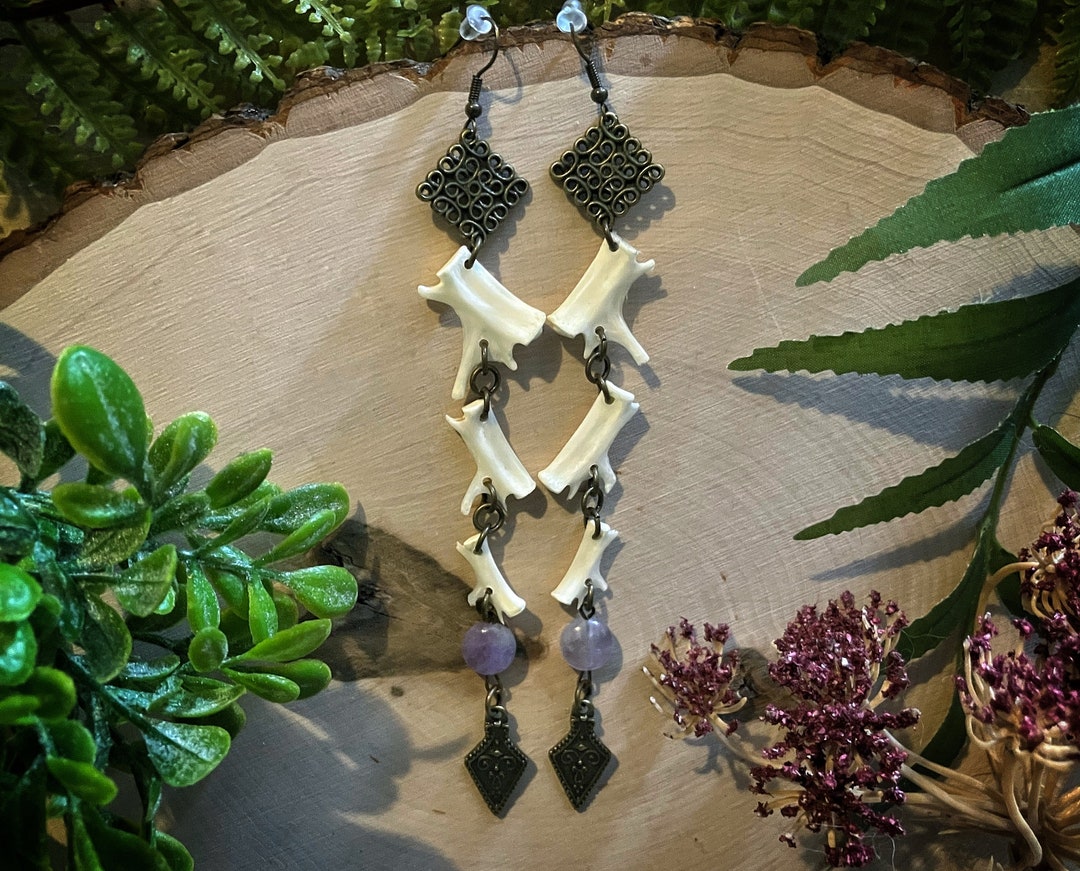 Bone Earrings Alligator Vertebrae and Amethyst Dangle Earrings Gothic ...