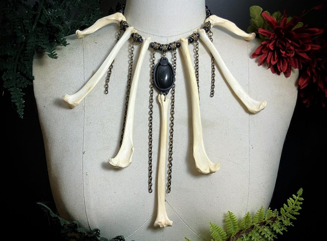 Bone Necklace Fox/raccon Tibia Bone and Rainbow Obsidian Beaded ...