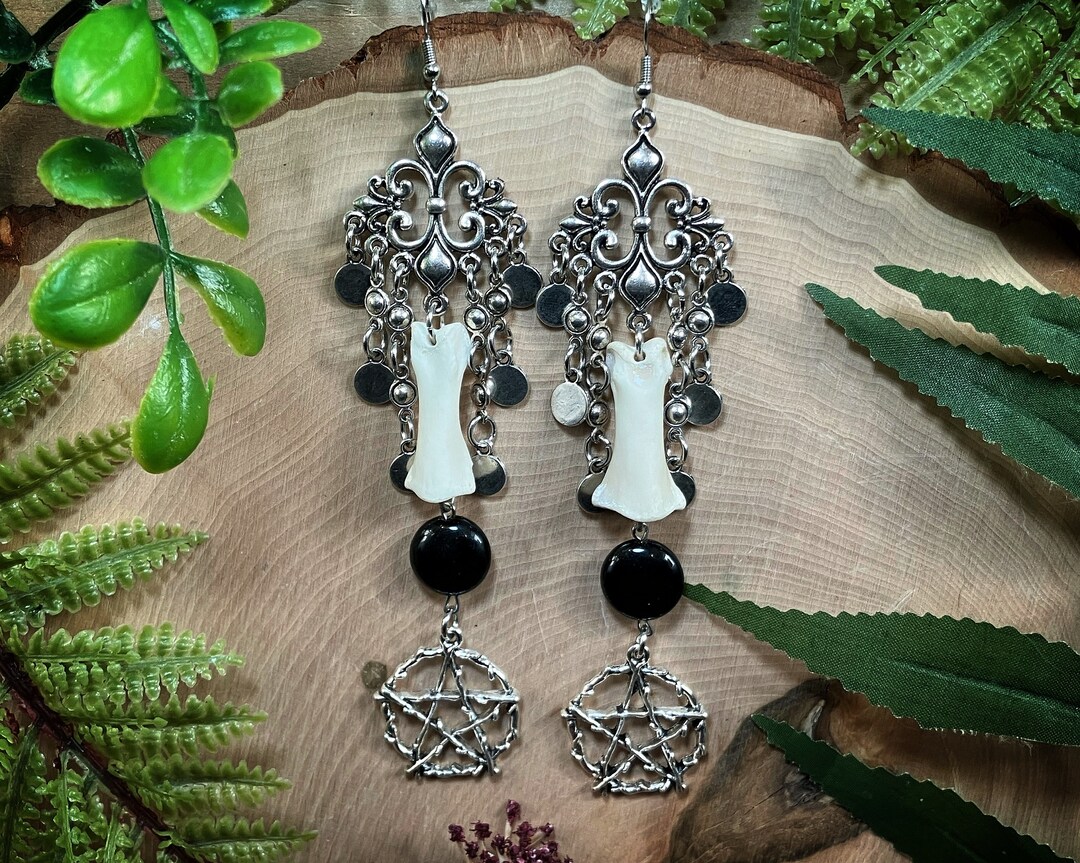 Bone Earrings Alligator Toe Bone and Black Agate Chandelier Earrings Witchy Earrings Bone ...