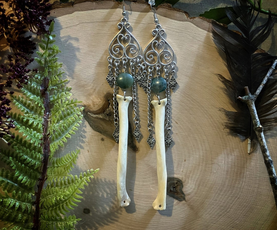 Bone Jewelry | Beaver Radius Bone and Moss Agate Chandelier Earrings ...