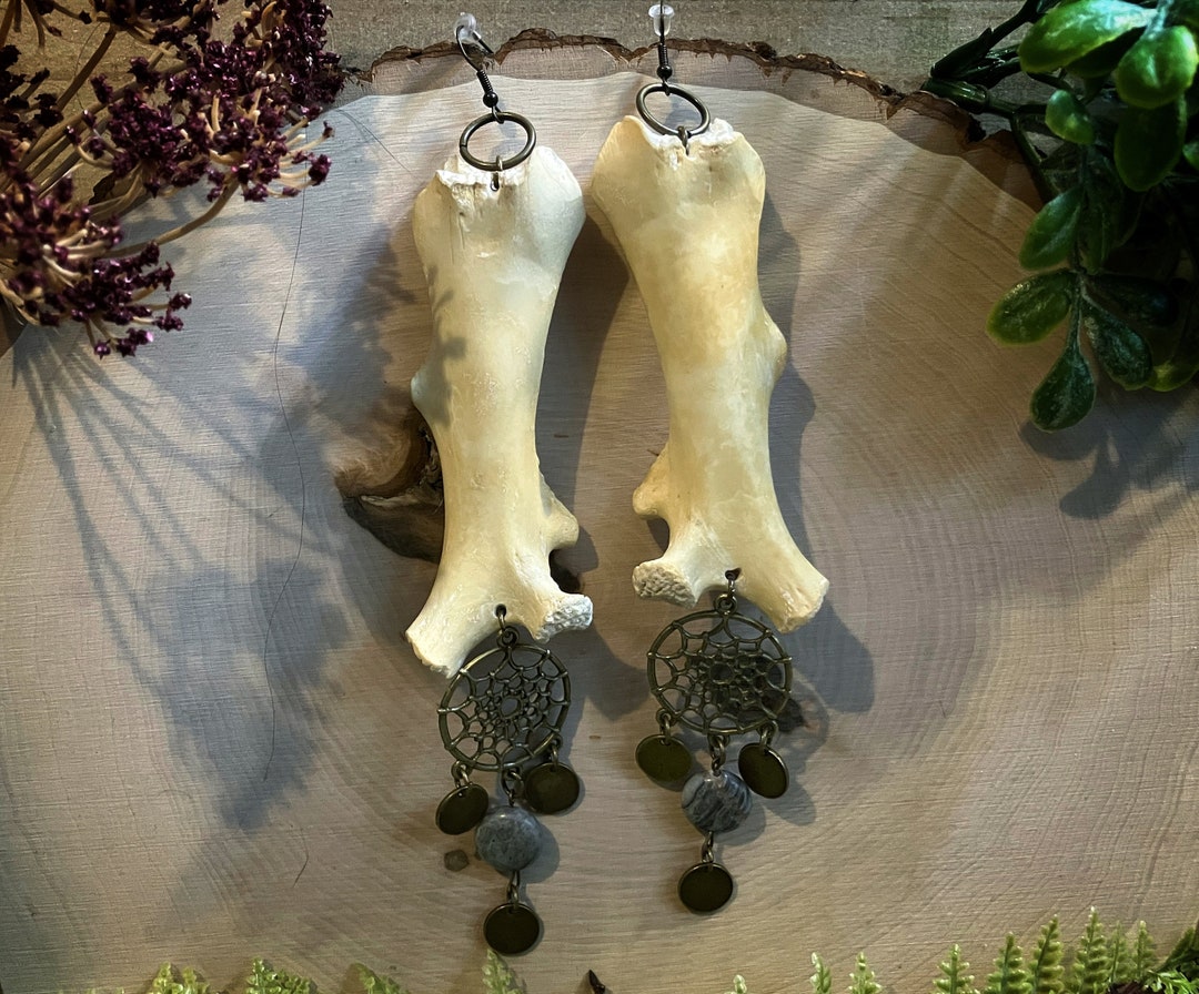 Bone Earrings L Beaver Femur Bone and Crazy Lace Jasper Earrings | Bone ...