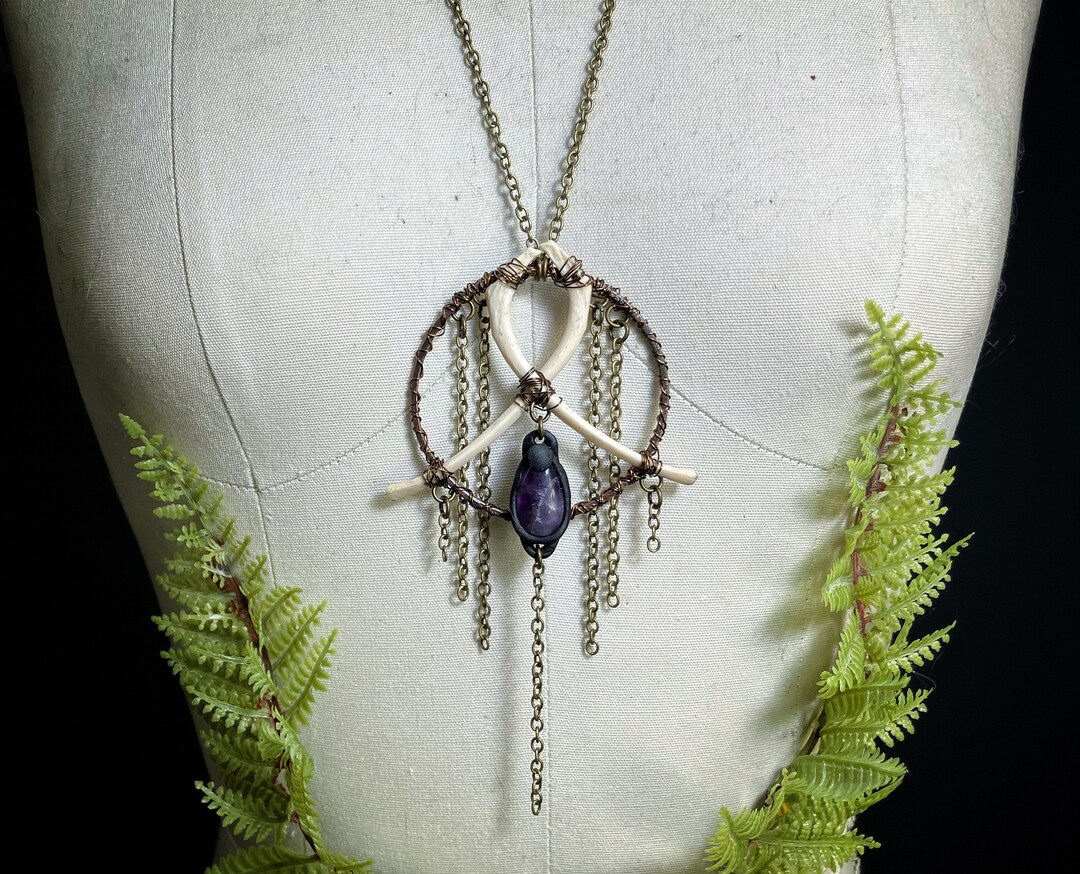 Bone Necklace Raccoon Rib Bone and Amethyst O Ring Necklace Bone ...