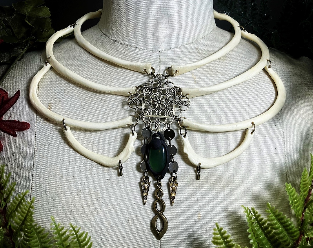 Bone Necklace | Beaver Rib Bone and Jade Necklace | Gothic Necklace ...