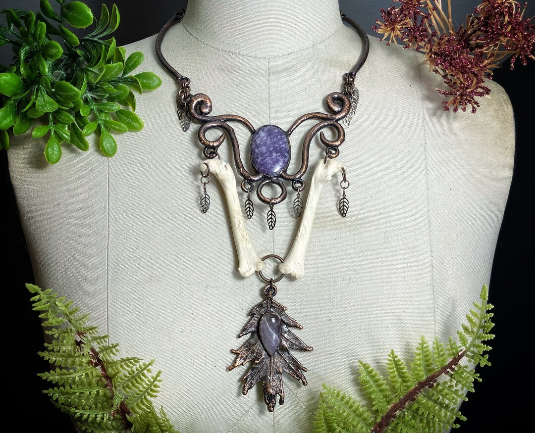 Bone Necklace Hand Sculpted Copper Electroformed Oak Leaf, Lepidolite ...