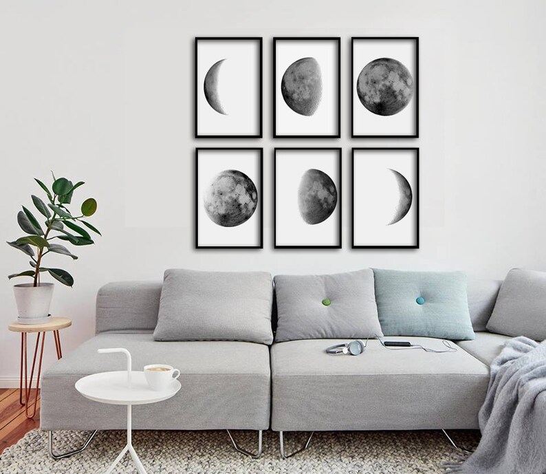 Moon Phases Print Set of 6 Living Room Decor Moon Wall Art | Etsy