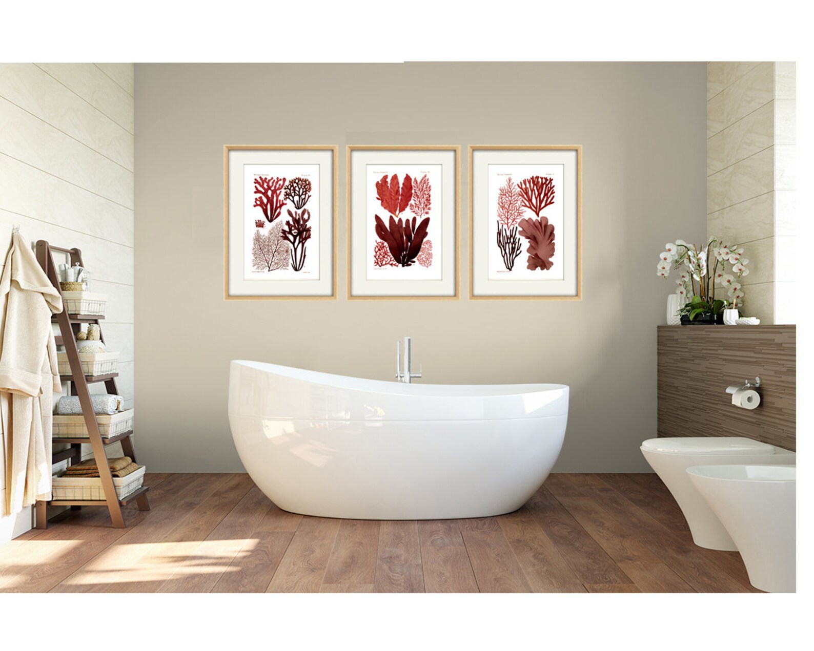 Red Seaweed Print Bathroom or Toilet Decor Algae Large Scale Wall Art ...