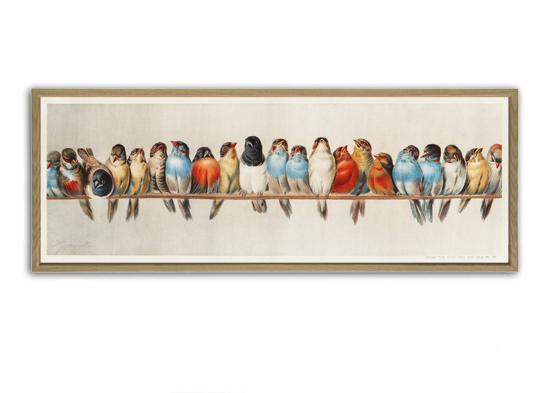 Bird Wall Art Decor, Landscape Botanical Print, Horizontal Long Narrow ...