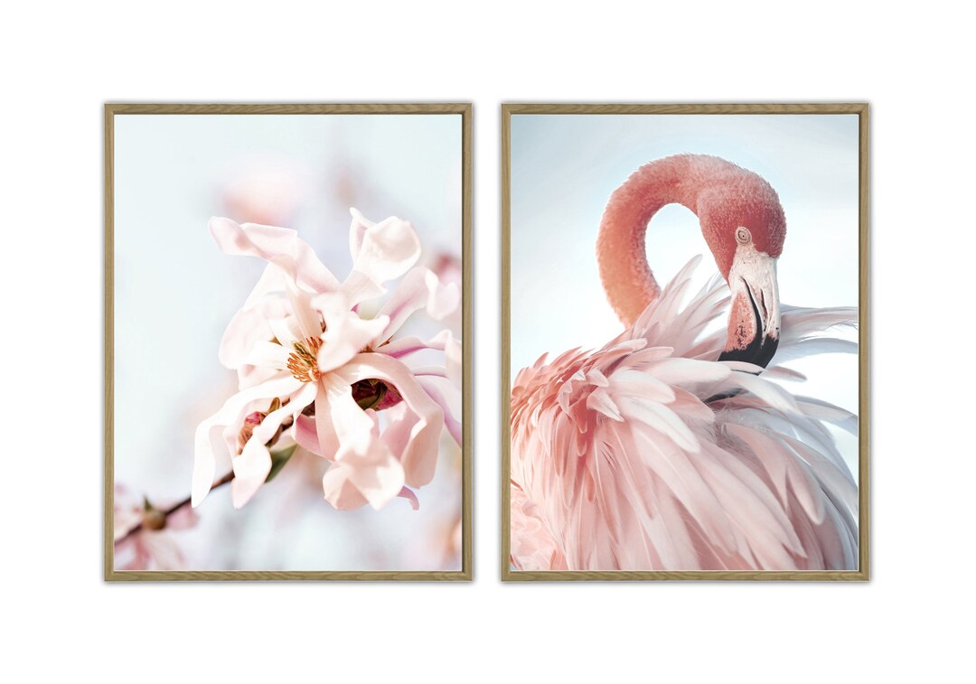 Flamingo Birds and Magnolia Flower Print Set of 2, Bird Wall Decor ...