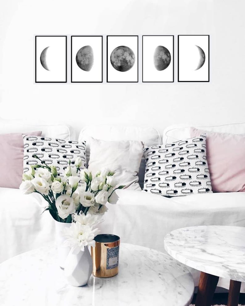 Moon Phases Print Bedroom Wall Art Living Room Decor Black and | Etsy