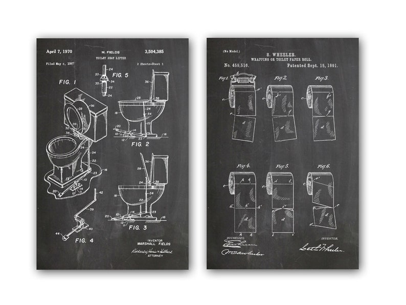 Set of 2 Toilet Wall Art Print, Bathroom Decor, Vintage Patent Poster ...
