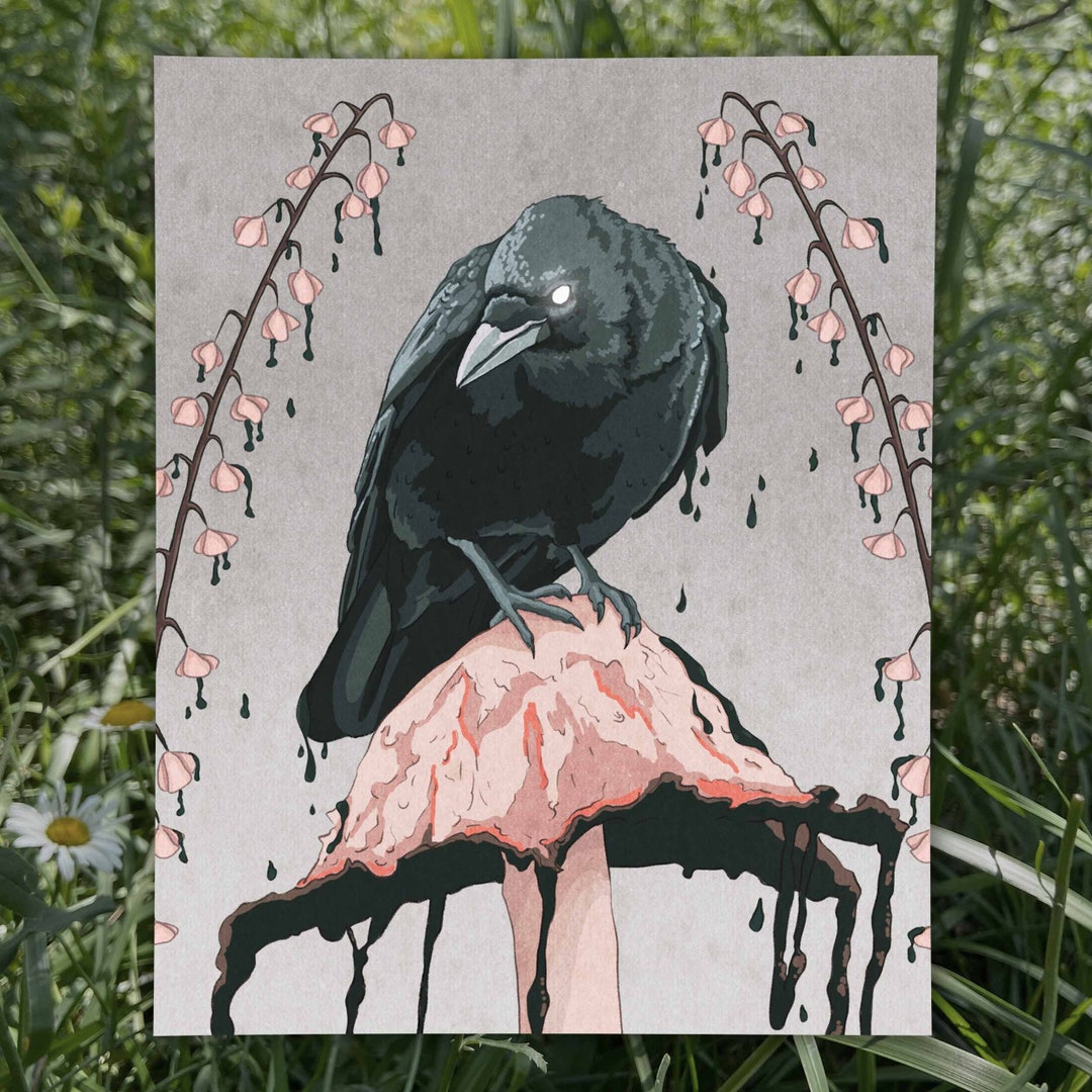 Spooky Crow Art Print - Inky Cap Mushroom Wall Art, Gothic Horror Decor ...