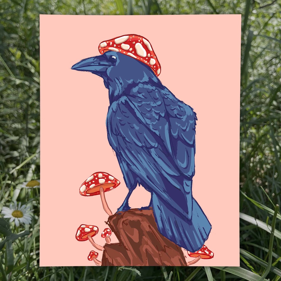 Mushroom Raven Art Print Corvids Wall Art, Cute Bird Room Decor ...