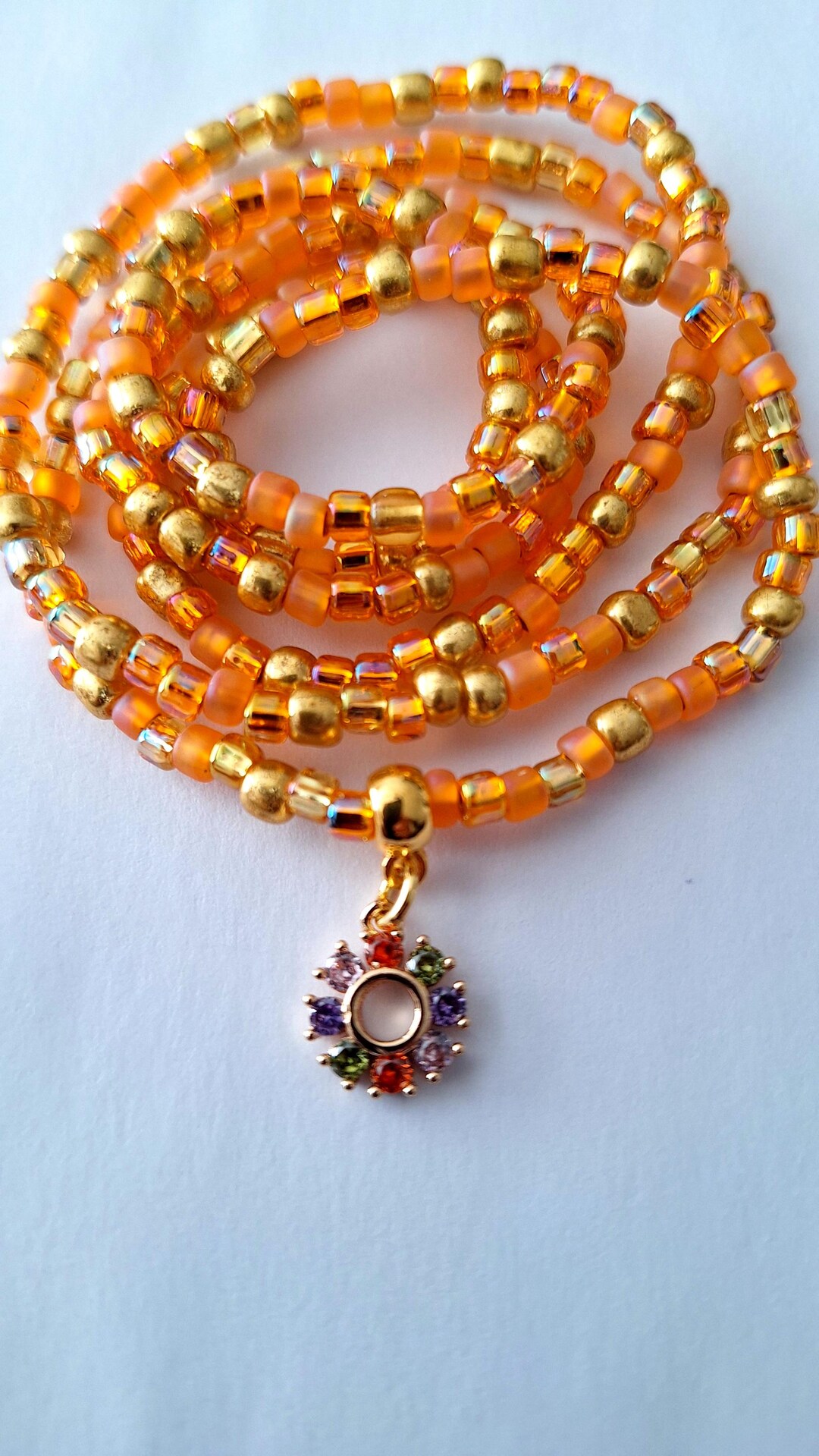 Orange and Gold Waist Beads With Rhinestone 'flower' Charm, Stretch ...