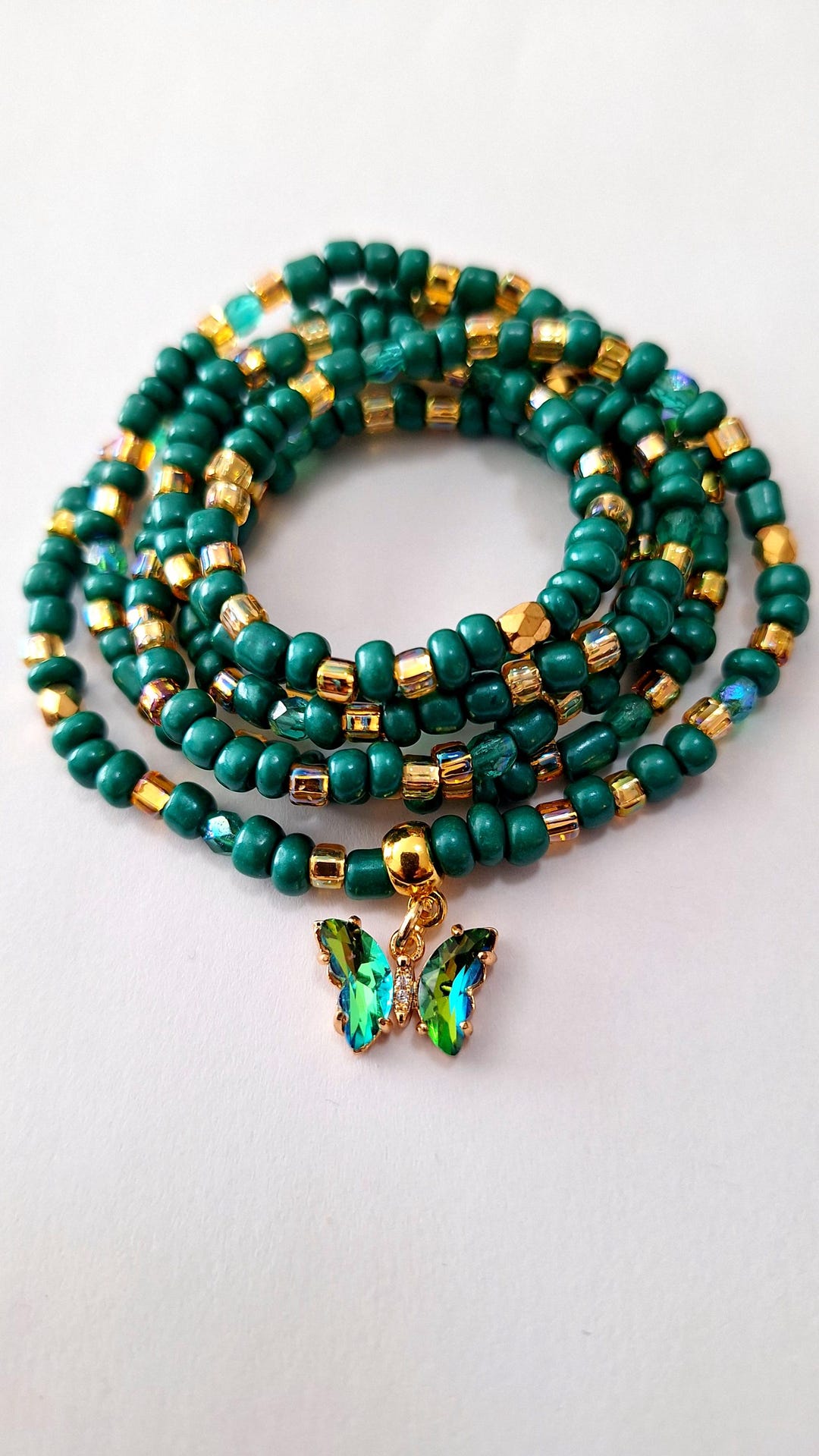 Deep Green and Gold Waist Beads With Crystal Butterfly, Stretch, Waist ...