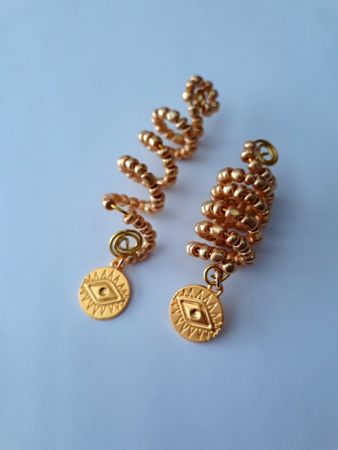 Matte Gold Beaded Loc Coil With 'evil Eye' Charm, Protection Charm ...