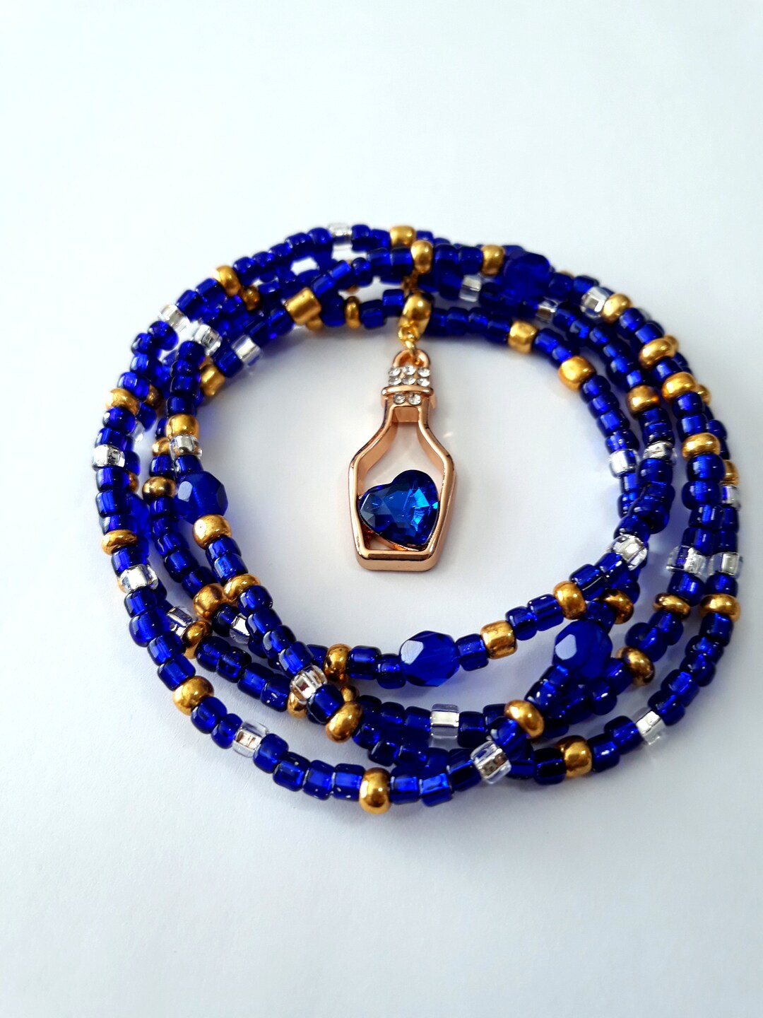 Cobalt Blue Waist Beads With Heart Message in a Bottle Charm, Stretch ...