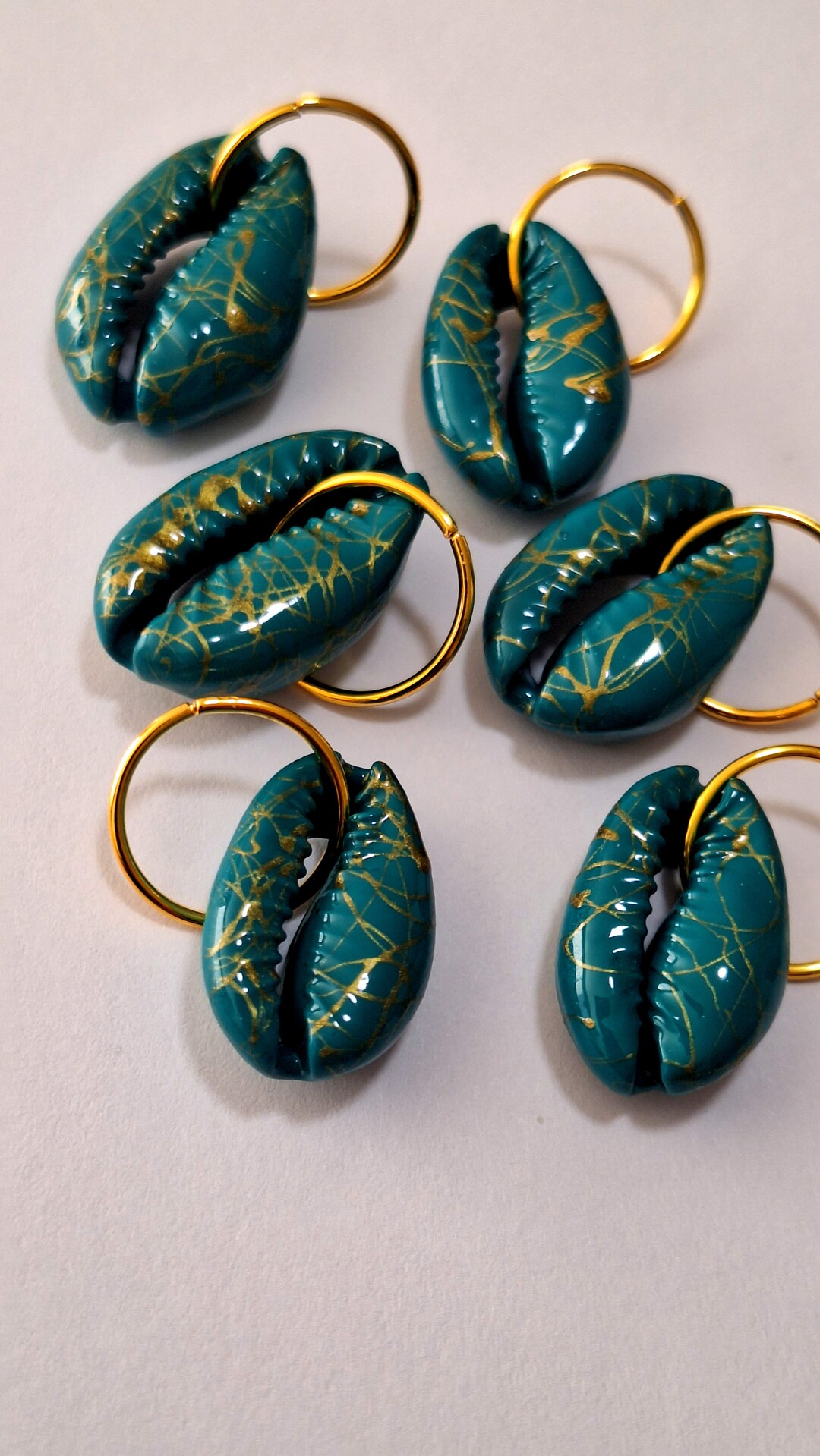 Set of 6 Teal and Gold Painted Cowrie Shell Loc Rings, Loc Jewelry ...
