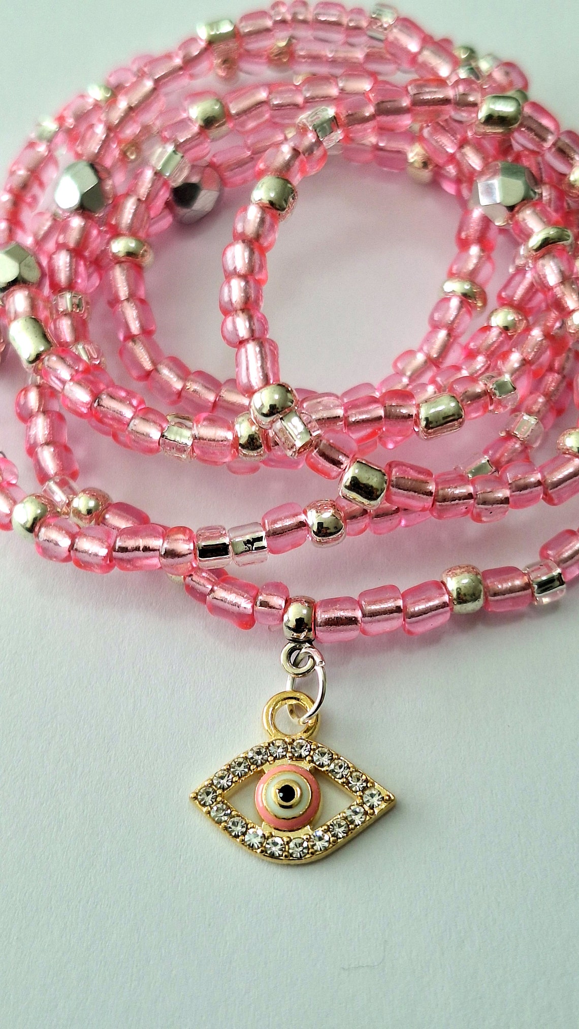 Pink and Silver Evil Eye Waist Beads, Stretch, Weight Loss Tracker ...