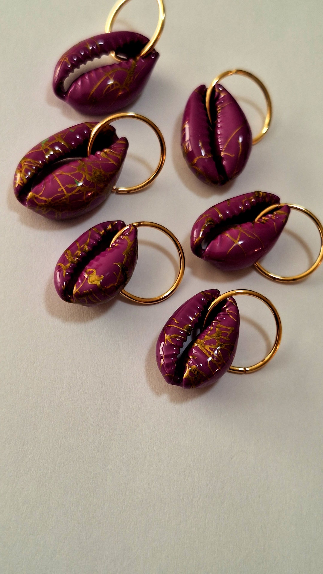 Set of 6 Plum and Gold Painted Cowrie Shell Loc Rings, Loc Jewelry ...