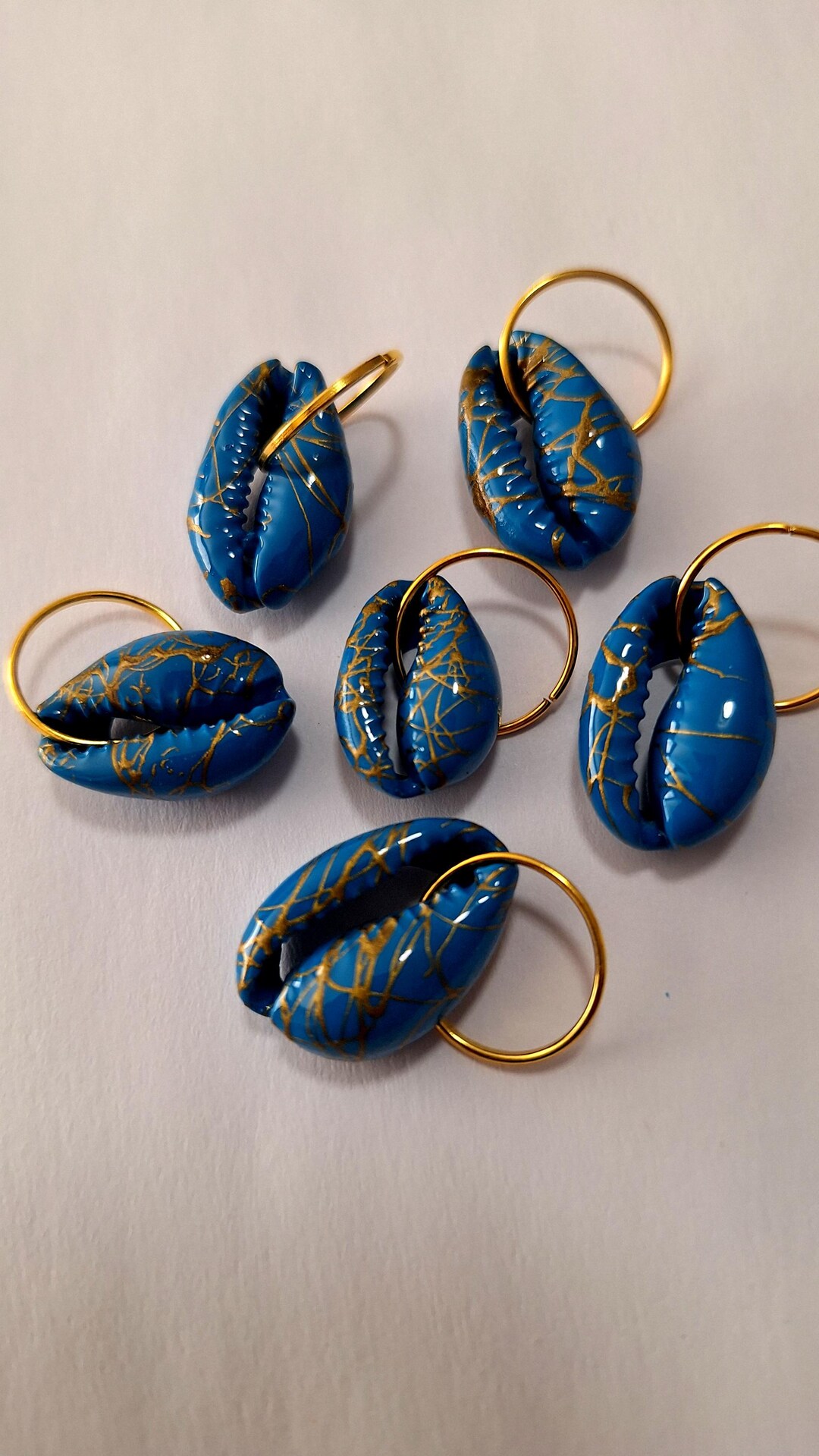 Set of 6 Blue and Gold Dyed Cowrie Shell Loc Rings, Hair Jewelry, Braid ...