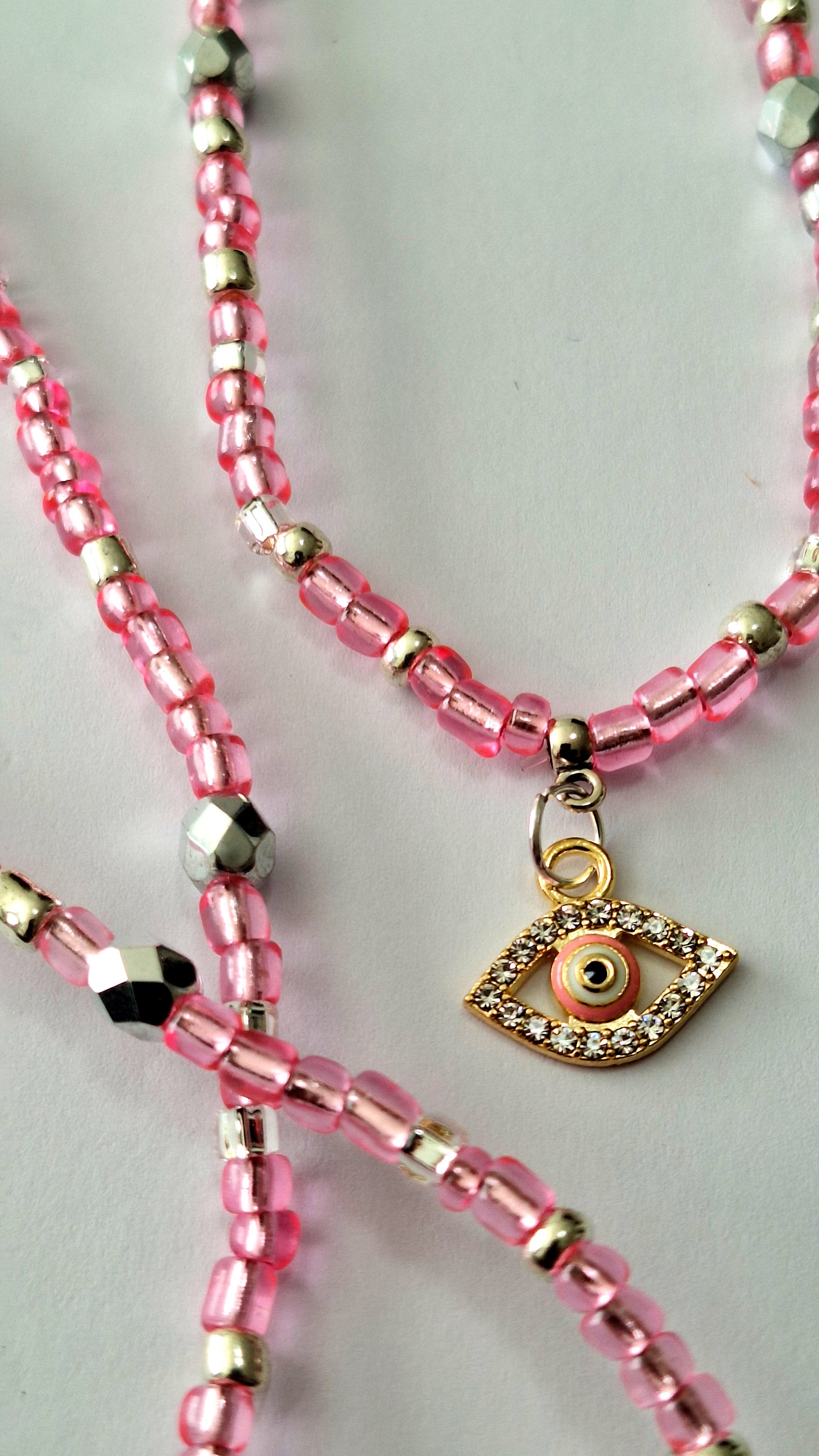Pink and Silver Evil Eye Waist Beads, Stretch, Weight Loss Tracker ...