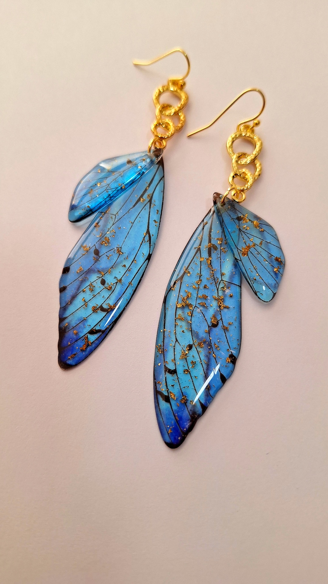 Blue and Gold Resin 'butterfly Wing' Earrings, Dangle Earrings, Unique Earrings, Long , 3 1/2 ...