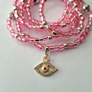 Pink and Silver Evil Eye Waist Beads, Stretch, Weight Loss Tracker ...