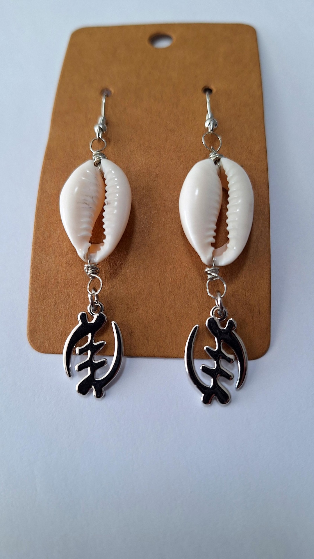 Gye Nyame Adinkra Symbol and Cowrie Shell Dangle Earrings, Ethnic ...
