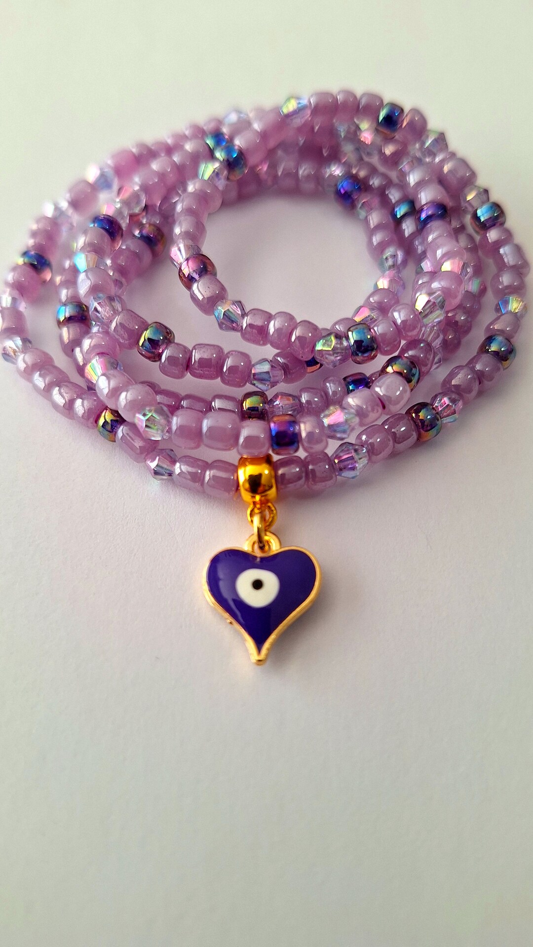 Lavender 'evil Eye' Waist Beads, Stretch, Heart Shaped Evil Eye, Waist ...