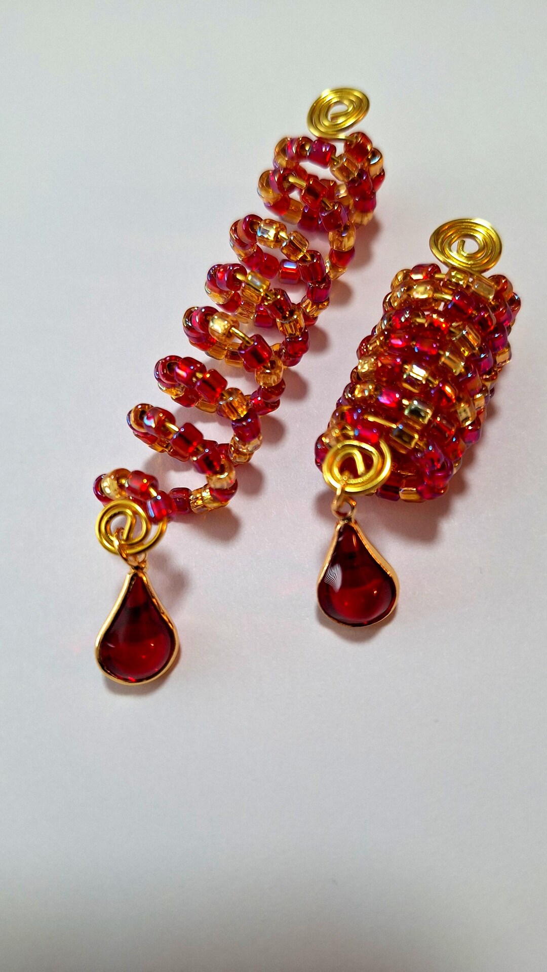 Rainbow Red and Gold Beaded Loc Coil With Teardrop Charm, Braid Jewelry ...